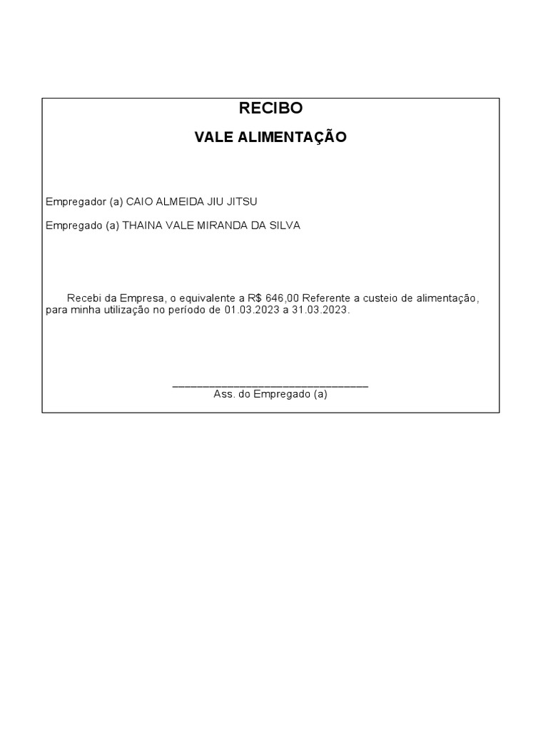 Modelo Recibo Pagamento Vale Transporte