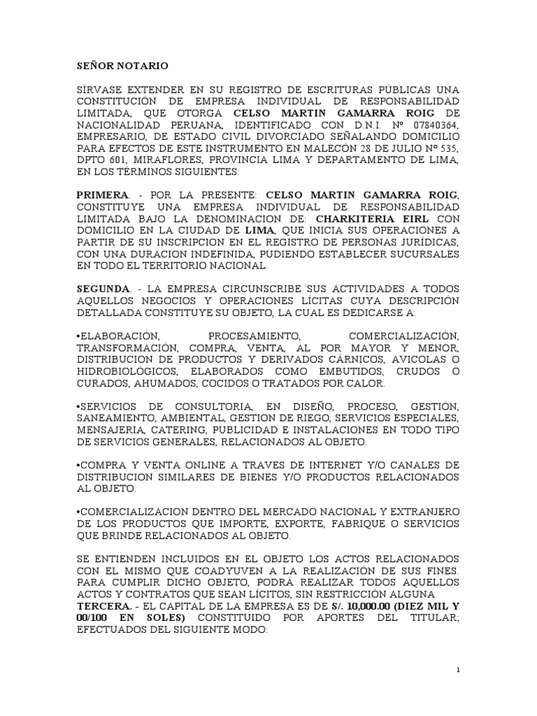 Minuta Constitución Eirl | PDF | Cheque | Derecho civil (sistema legal)