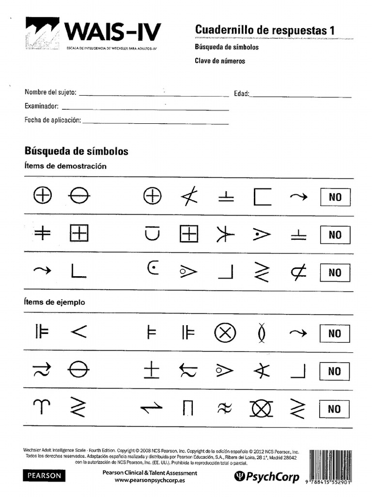 Wais IV. Cuadernillo de Respuestas - B.simbolos - Claves | PDF