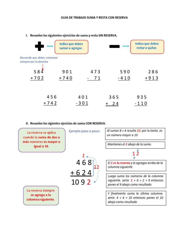 Guía de Sumas y Restas con Reserva | PDF