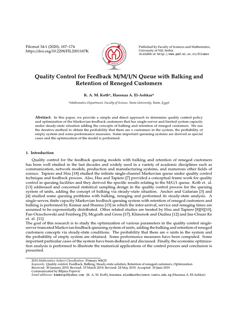 Quality Control For Feedback MM1N Queue With Balking and Retention of Reneged Customers | PDF ...