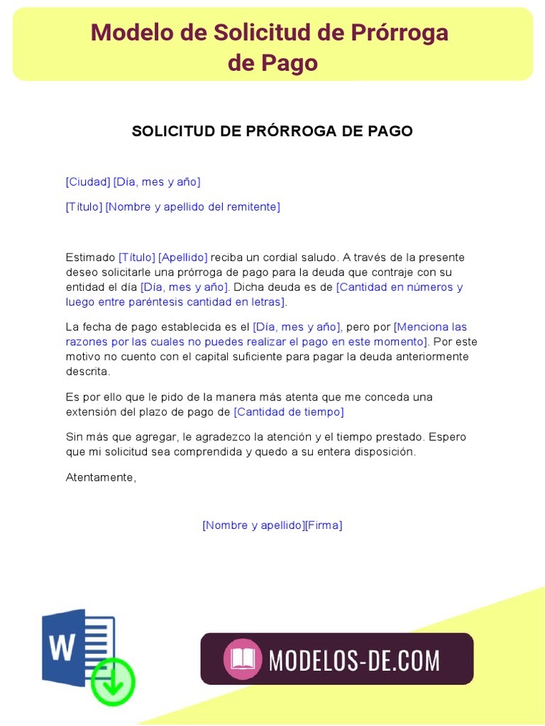 Modelo de Solicitud de Prórroga de Pago | PDF | Finanzas y dinero ...