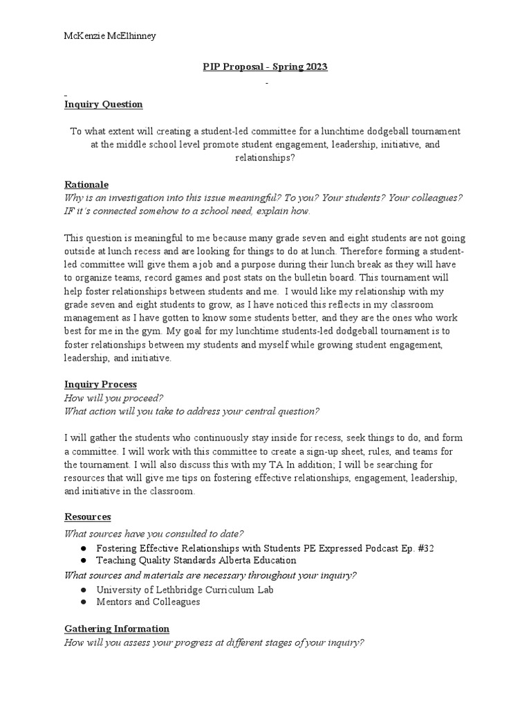 Pip Proposal - Spring 2023 1 | PDF | Leadership | Learning