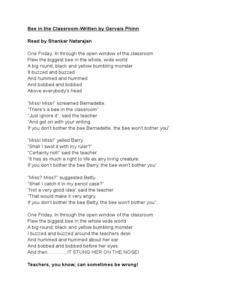 Bee in the Classroom Poem by Gervais Phinn | PDF