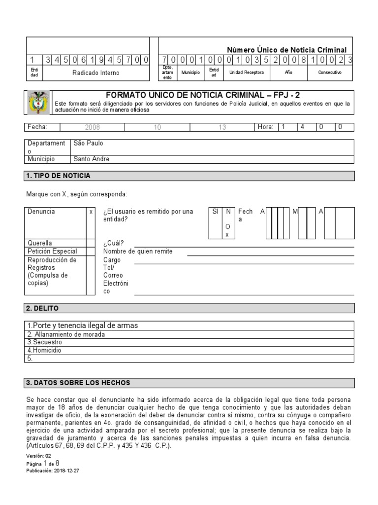 FPJ 2 Formato Unico Noticia Criminal V 02 | PDF | Policía | Justicia