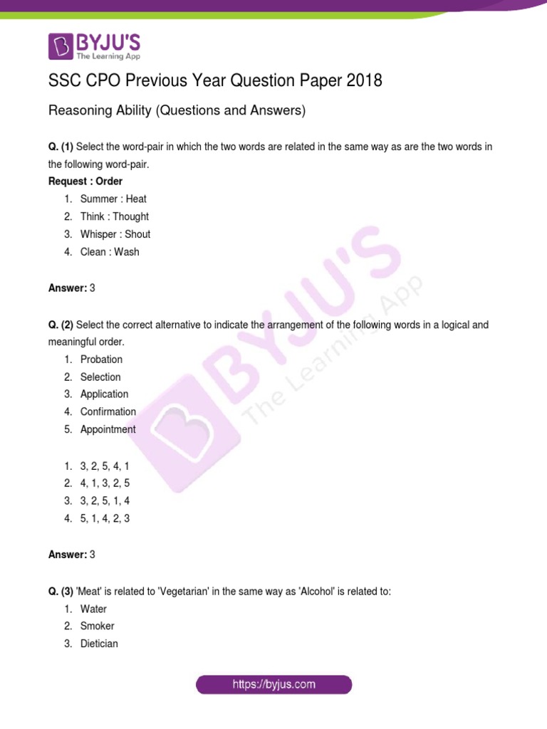 Reasoning 2018 SSC CPO Previous Year Question Paper | PDF | Planets In ...