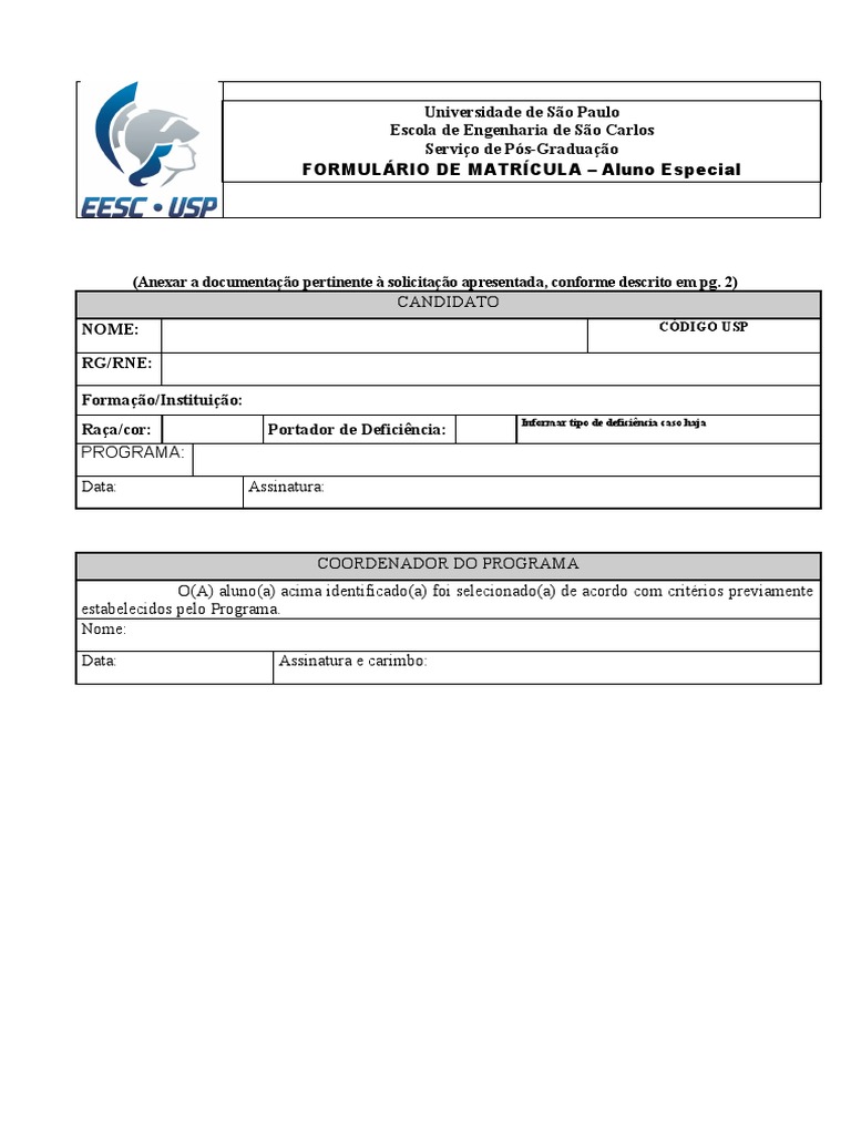 Formulario Matricula Especial | PDF | Pós-graduação