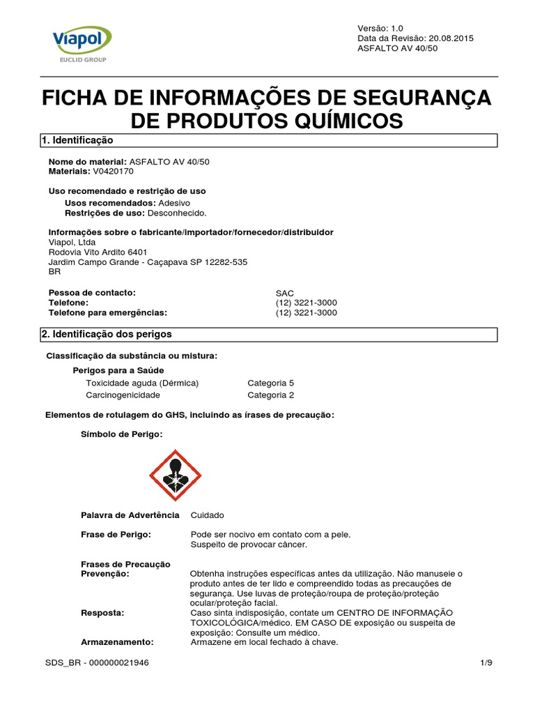 FISPQ Asfalto | PDF | Solubilidade | Primeiros socorros