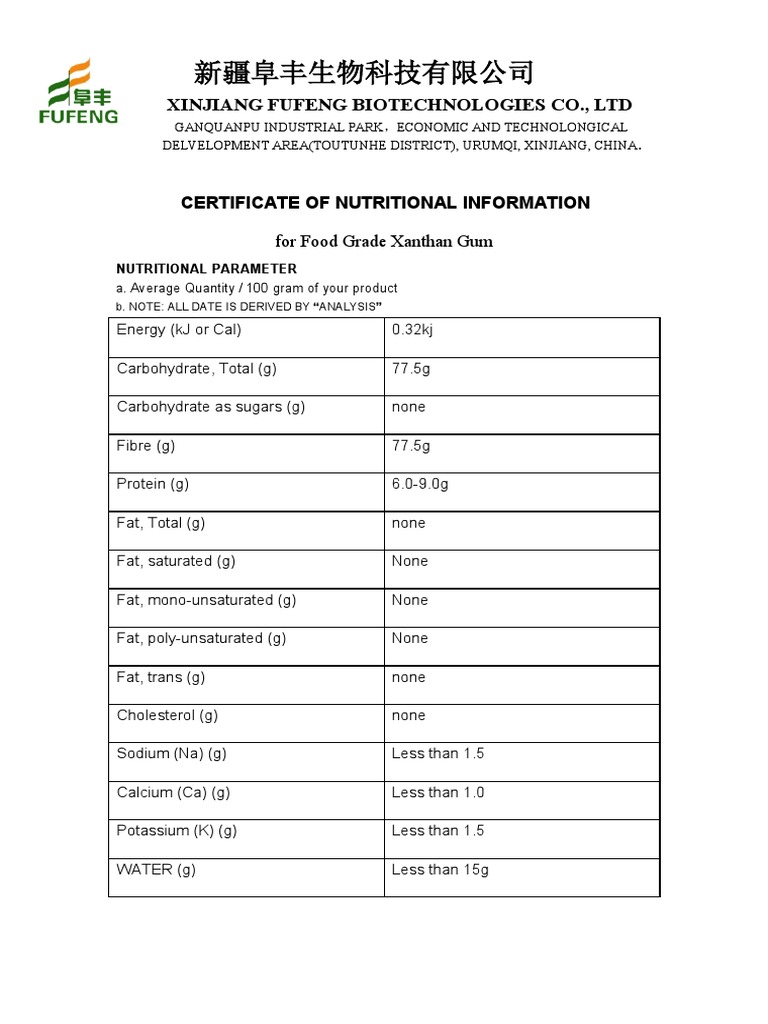 Xinjiang Fufeng Biotech food grade xanthan gum nutrition | PDF