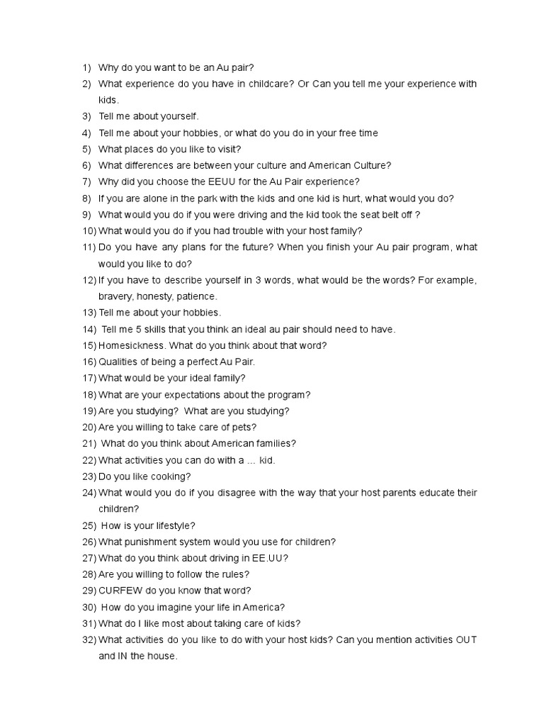 Essential Au Pair Interview Questions | PDF | Social Science
