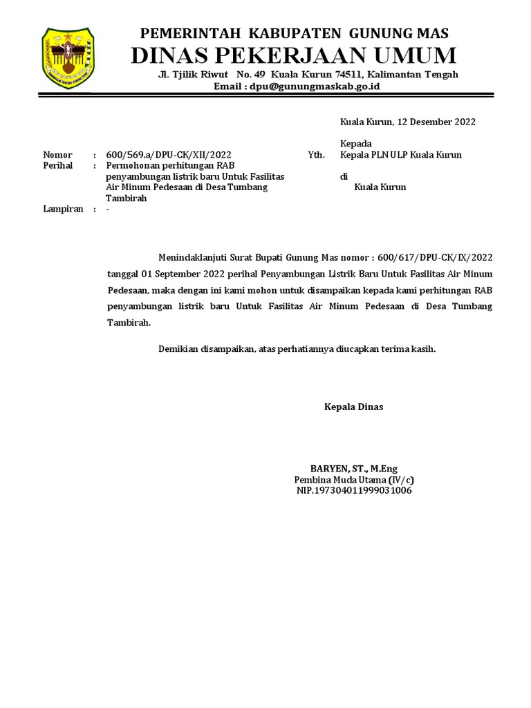 Permohonan RAB Pasang Listrik Baru Tumbang Tambirah | PDF