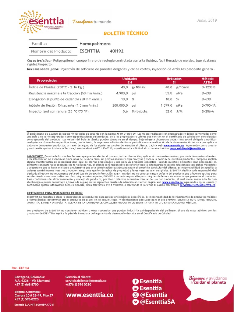 Boletín técnico que proporciona las propiedades y especificaciones del ...