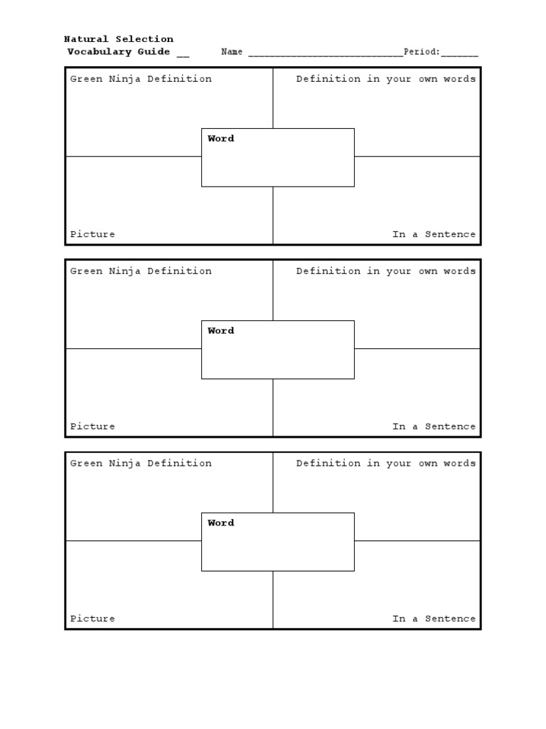 Amplify Natural Selection Vocabulary Builder - Frayer Model | PDF