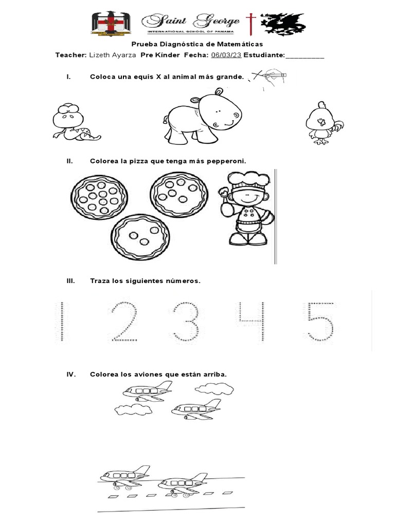 Prueba Diagnóstica de Matemáticas Pre Kinder 2023 | PDF