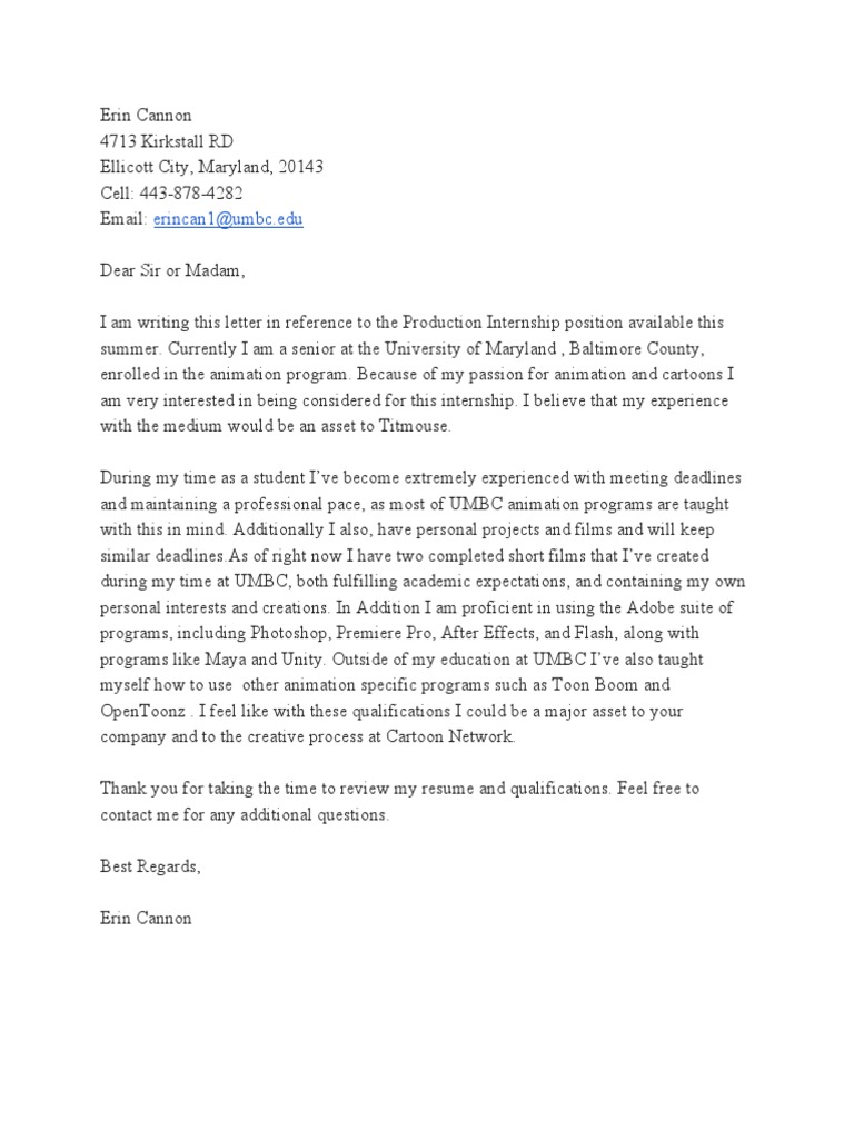 Production Internship Cover Letter | PDF