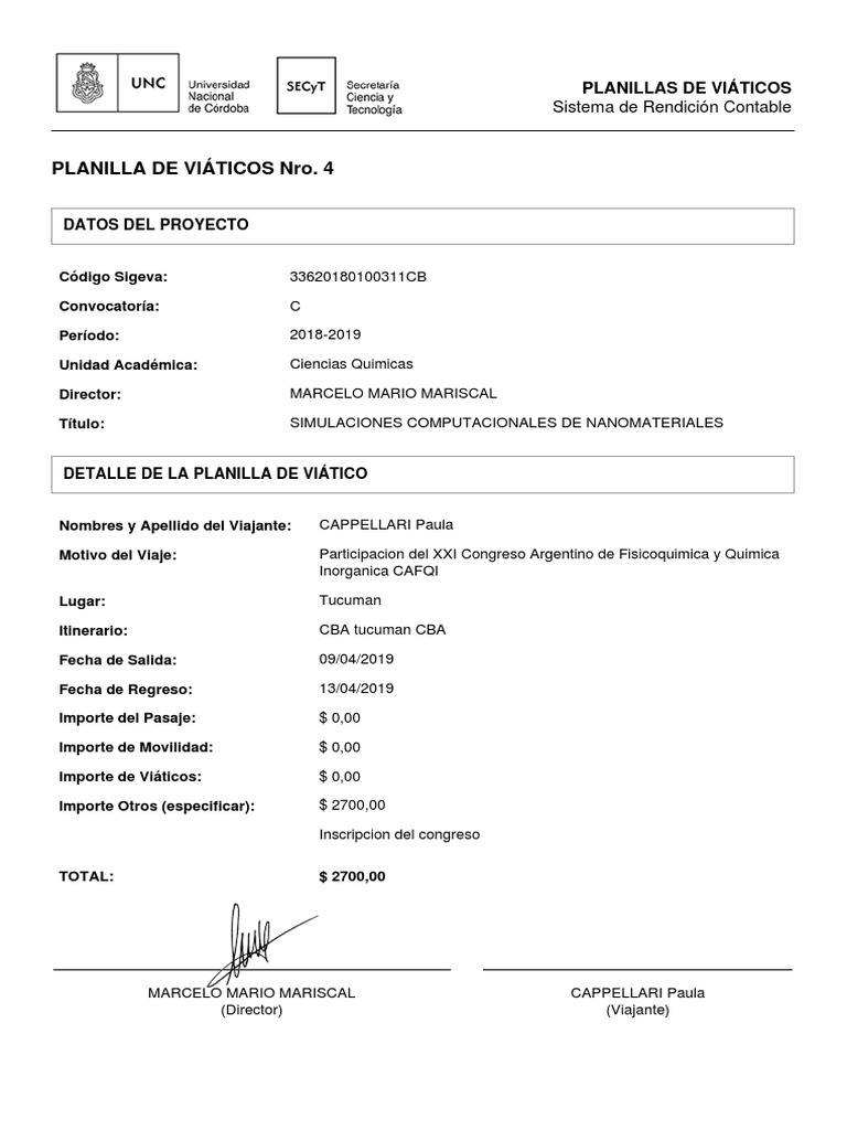 Planilla Viaticos Nro 4 | PDF