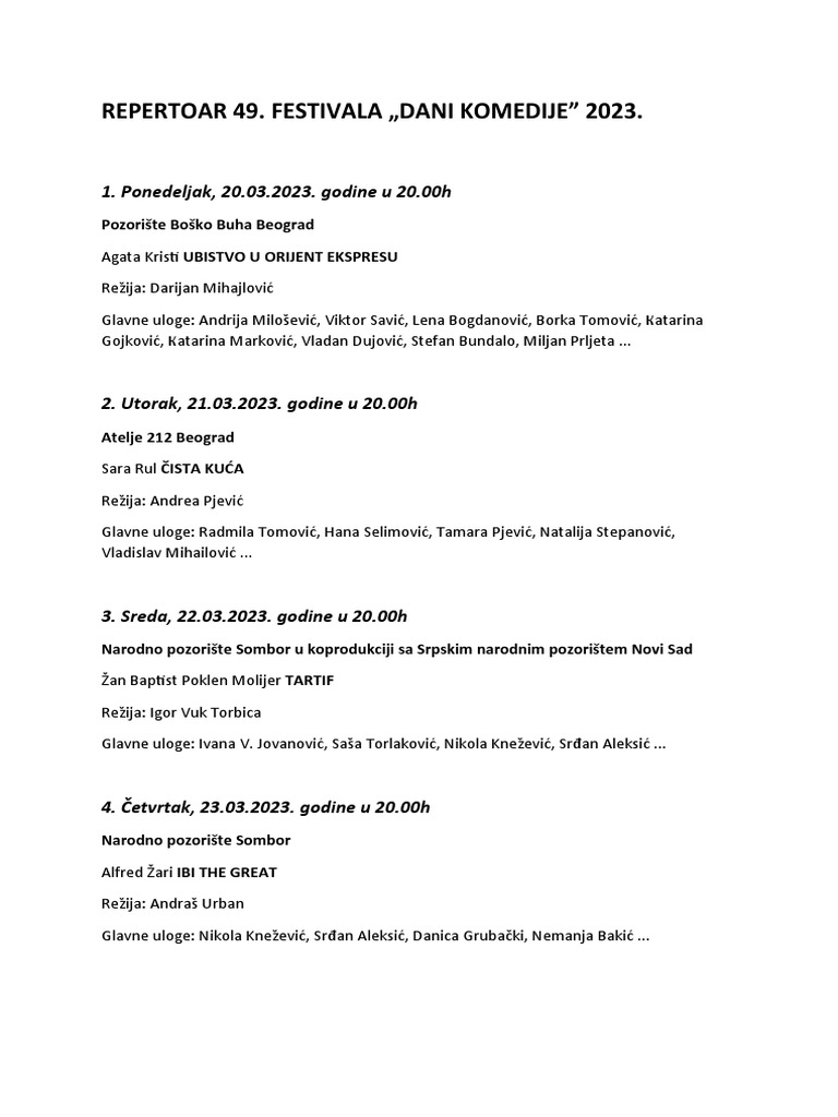 Repertoar 49. Festivala Dani Komedije" 2023. | PDF