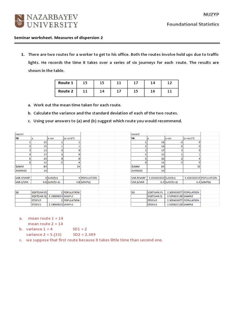 Seminar Worksheet. Measures of Dispersion 2 | PDF | Statistics ...
