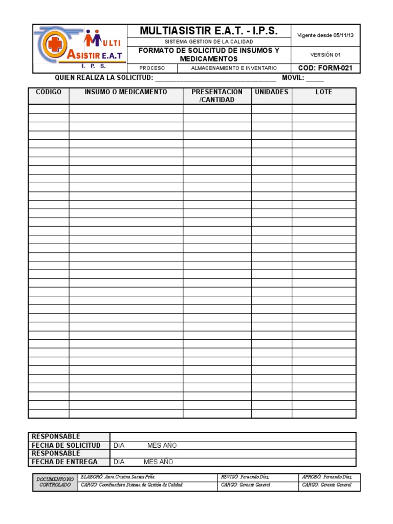 Formato Solicitud de Insumos y Medicamentos | PDF