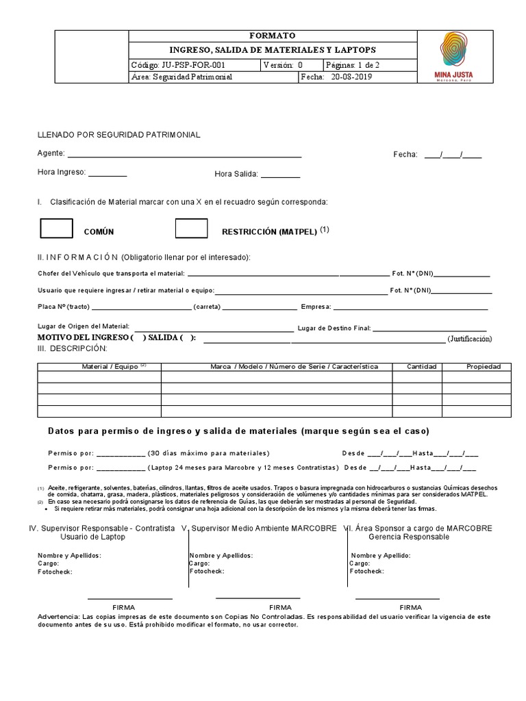 Formato de Ingreso, Salida de Materiales y Laptops | PDF