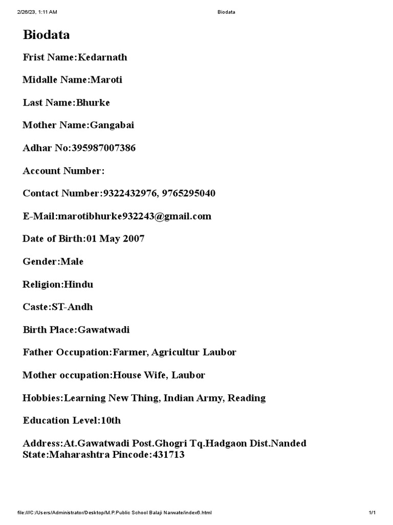 Biodata | PDF | Social Science | Wellness