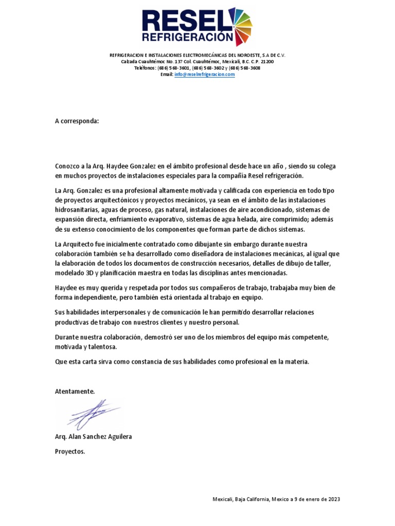 Carta de Constancia Profesional - RESEL | PDF