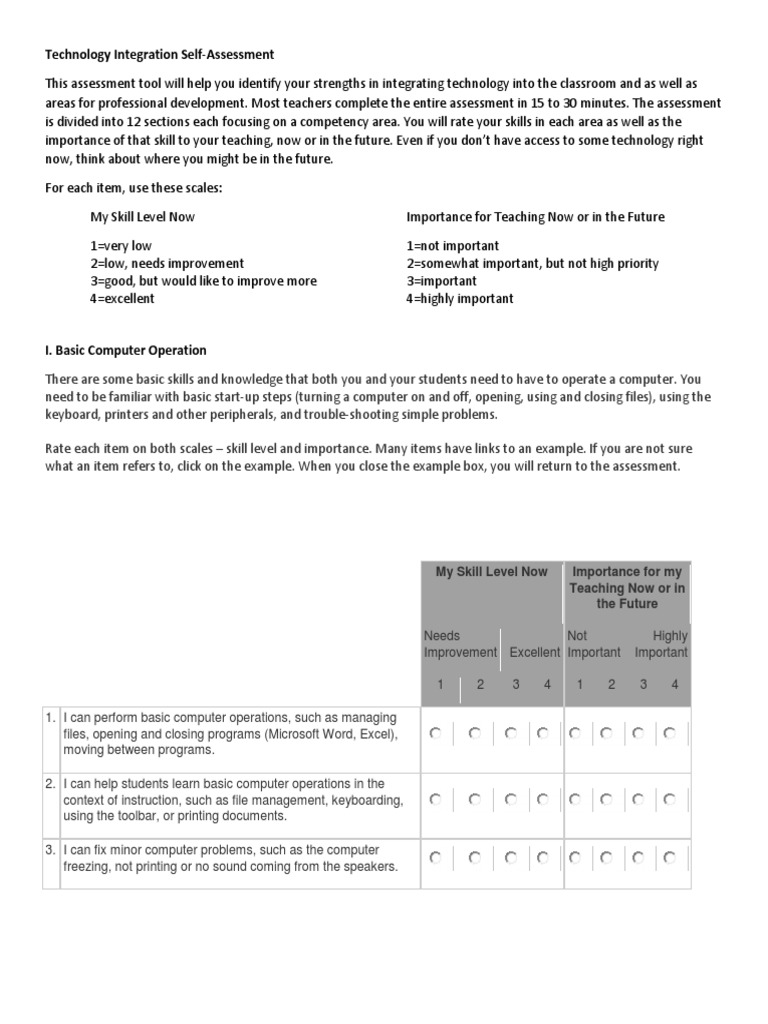 Technology Integration Self Assessment | PDF | Educational Assessment ...