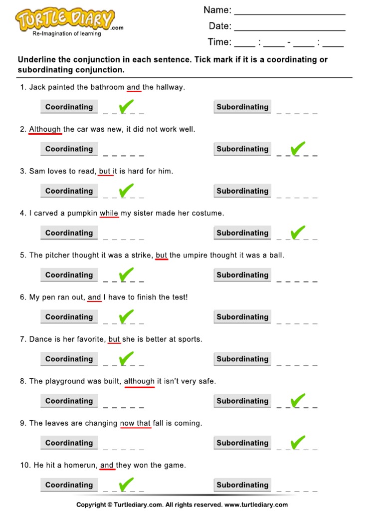 Answer Coordinating and Subordinating Conjunctions | PDF
