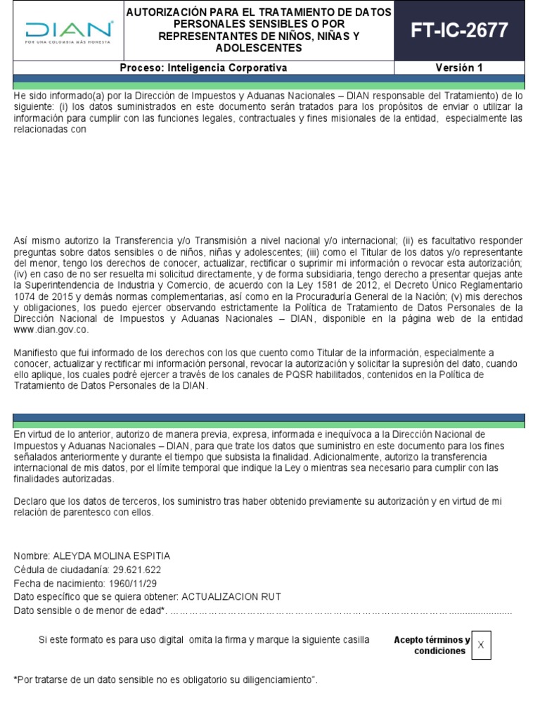 FT IIT 2677 Autorizacion Tratamiento de Datos NNA | PDF | Informática | La seguridad informática