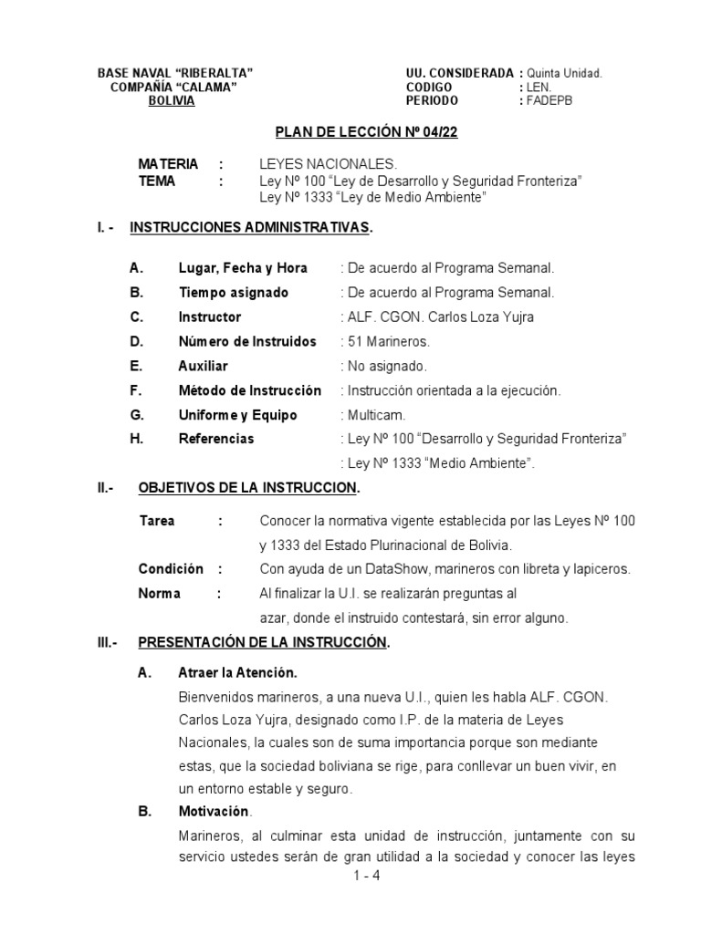 Plan de Leccion 04 Ley No 100 y 1333 | Descargar gratis PDF | Sustentabilidad | Estado (política)