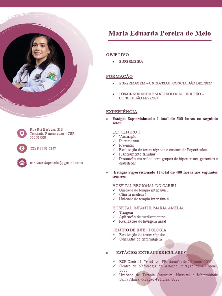Maria Eduarda Pereira de Melo - CV | PDF | Enfermagem | Tuberculose
