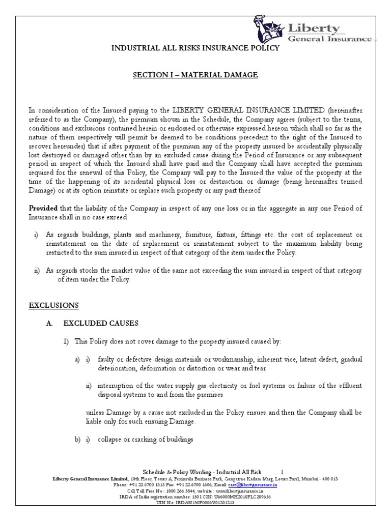 INDUSTRIAL ALL RISKS - Policy Wordings | PDF | Insurance | Indemnity