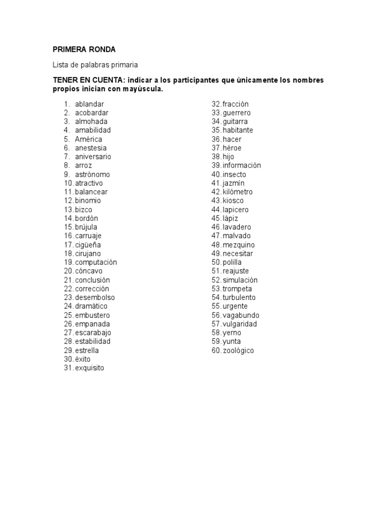 Lista de Palabras Concurso de Ortografia | PDF