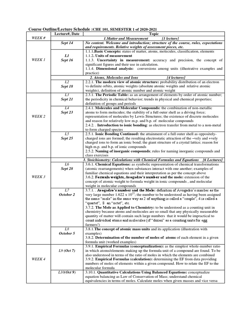 CHE 101 Out Line-Lecture Schedule 2020-21 | PDF | Chemical Bond | Molecules