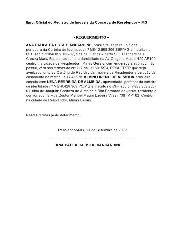 Requerimento Casamento Lucia (1) (1) Geraldo1 | PDF