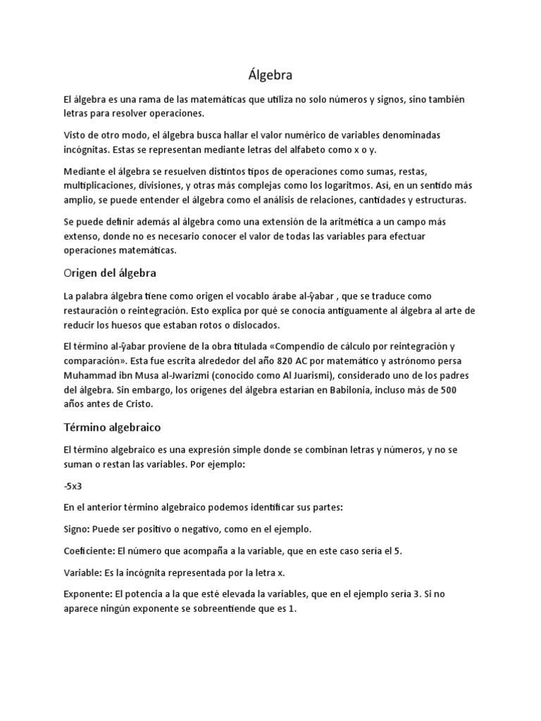Introducción al Álgebra y sus Conceptos | PDF | Álgebra | Ecuaciones