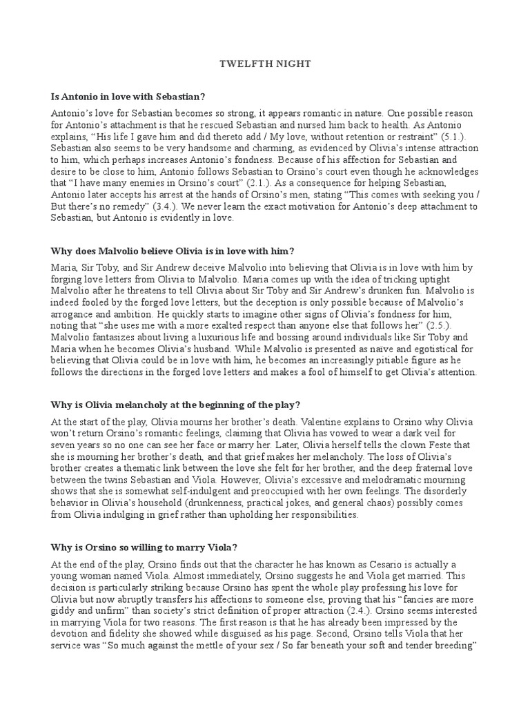 tWELFTH nIGHT - Questions & Answer and Important Quotes Explained | PDF ...