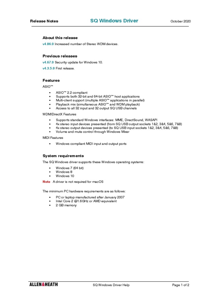 SQ Windows Driver v4.86.0 Release Notes | PDF | Usb | Microsoft Windows