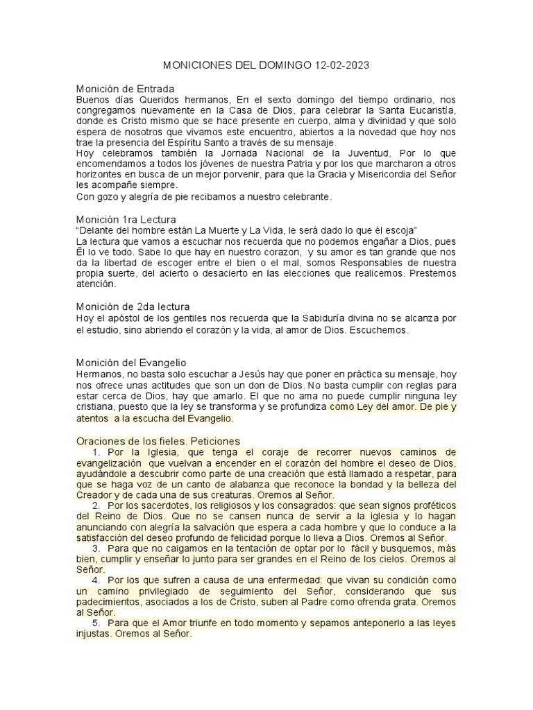 Moniciones Domingo 12-02-2023 | PDF | Misa (liturgia) | Amor Moniciones Domingo 12-02-2023 | PDF | Misa (liturgia) | Amor
