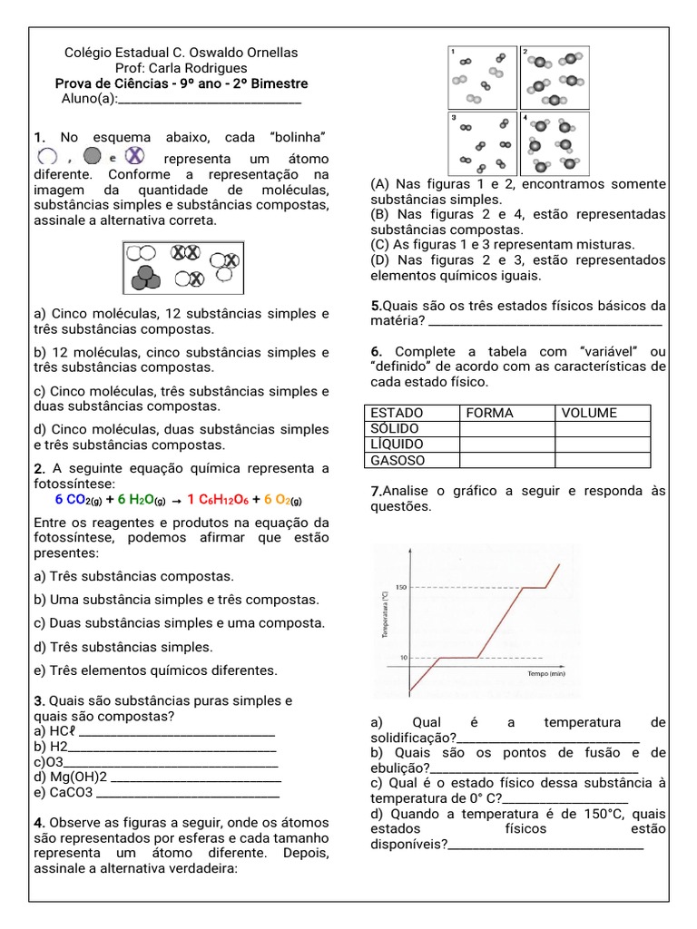 Prova de Cien 9 Ano 2 Bim 901 e 902 | PDF | Substancias químicas | Química