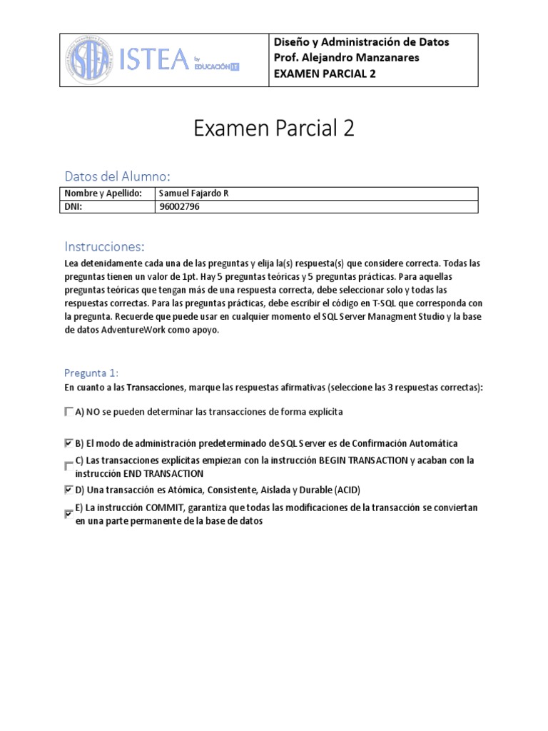 Examen Parcial 2 Samuel | PDF | Servidor SQL de Microsoft | Desarrollo de software
