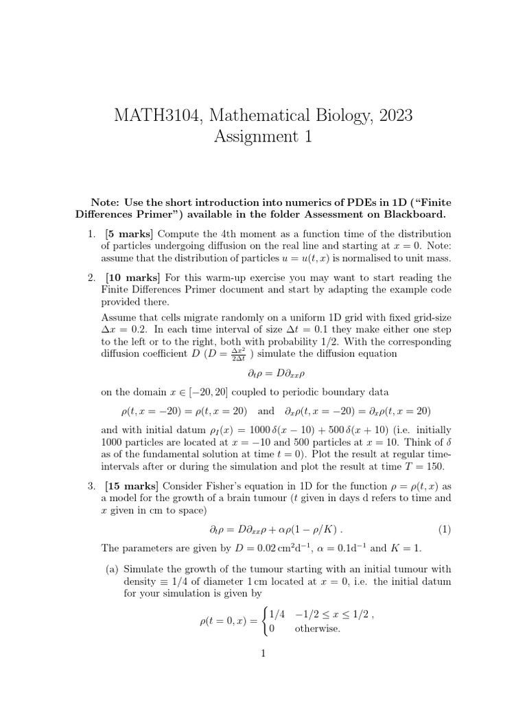 MATH3104 PDEpart Assignment1 | PDF | Diffusion | Equations