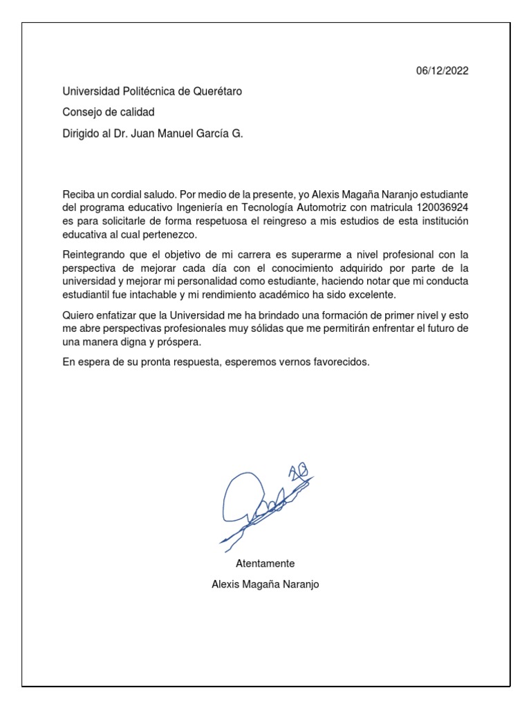 Carta Reingreso | PDF