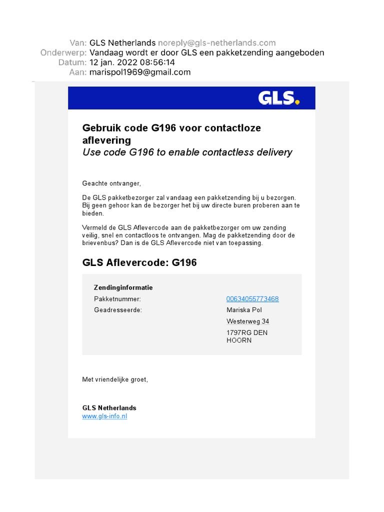 Vandaag Wordt Er Door GLS Een Pakketzending Aangeboden | PDF