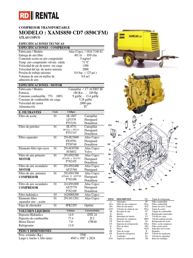 Compresor 850 CFM ATLAS COPCO XAMS850 CD7 | PDF | Ingeniería mecánica | Máquinas
