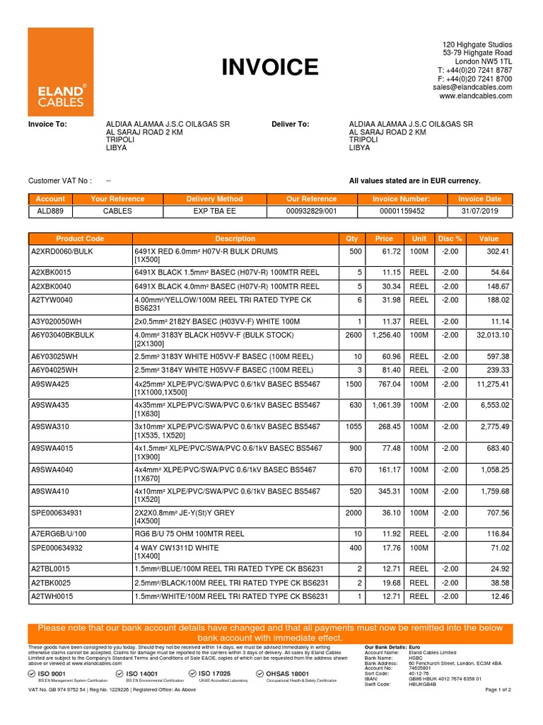 Eland Cables Invoice for ALDIAA | PDF | Invoice | Value Added Tax