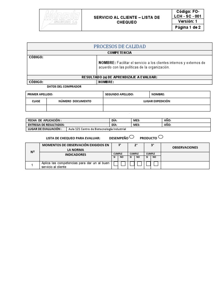 LISTA de CHEQUEO Servicio Al ClientE | PDF | Servicio al Cliente | Business