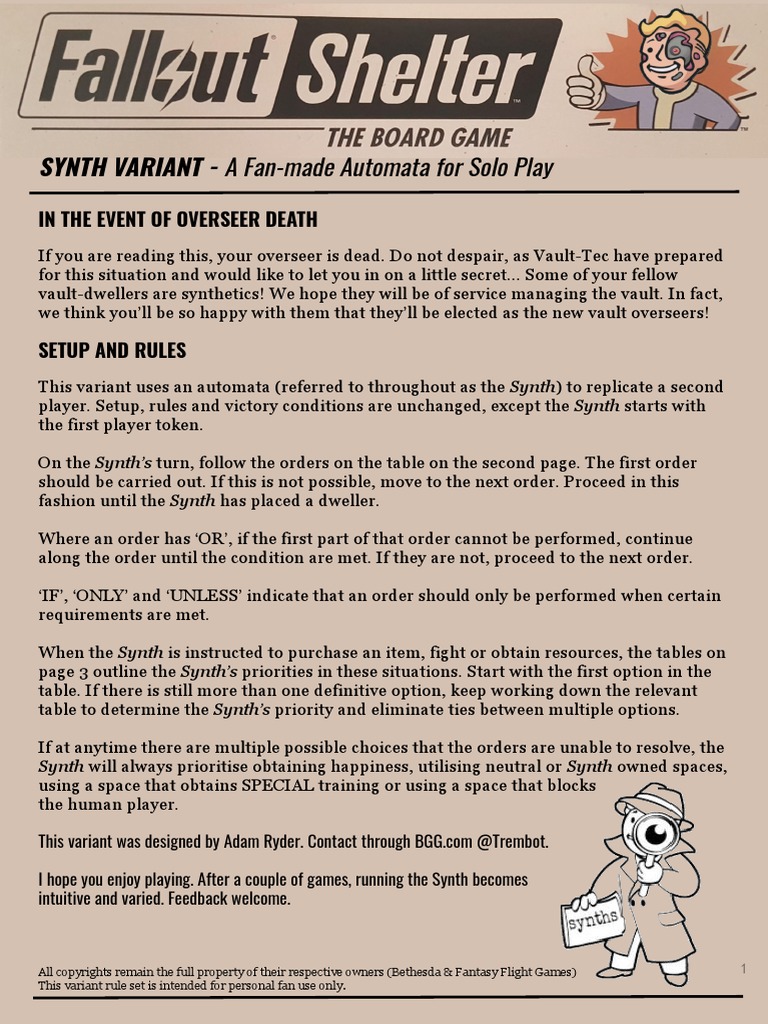 Fallout Shelter Synth Solo Rules v3 | PDF