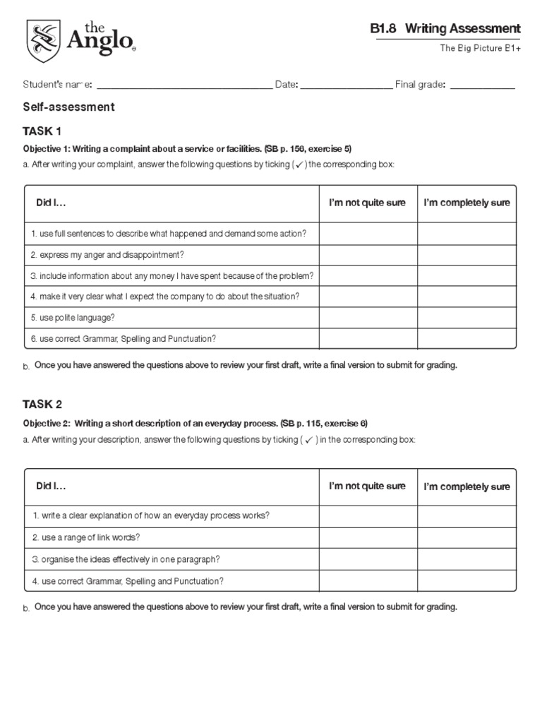 Writing Assessment for B1+ Level Students | PDF | Question | Communication