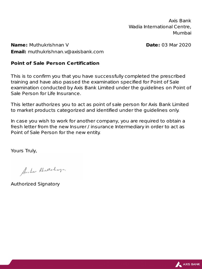 POSP Certification Confirmation Letter | PDF